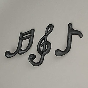 Zeckos Harmonious Melodies - Set of 3 Black Finish Cast Iron Musical Note Wall Hooks for Decorative Music Room Ensemble - 6 Inches High - Elegant Home Decor Accent