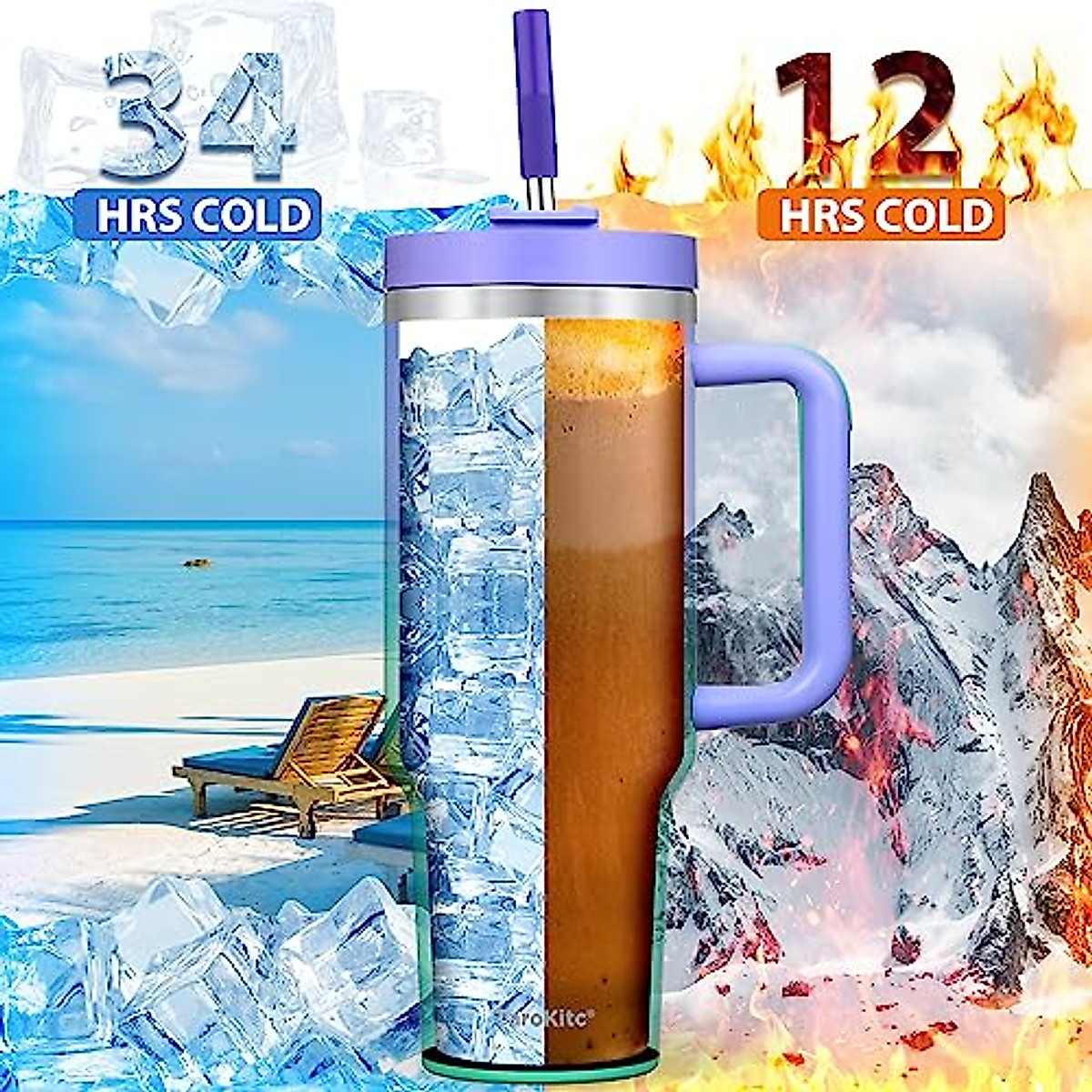 40 oz Tumbler with Handle, Upgraded Insluated Stainless Steel Tumbler with Lid and Straw, Double Wall Travel Coffee Mug Iced Cup, Keeps Cold for 34 Hours, Dishwasher Safe, BPA Free, Fairyland Green