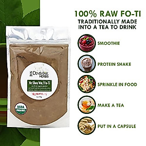 Dimmak Herbs Organic Fo Ti Root Raw Chinese Herb Powder - Cure/Prepared USDA Organic He Shou Wu (Polygonum Multiflorum Preperata) Add to Water or Smoothie 1 4oz/112g Bag
