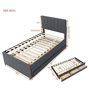 Bellemave Twin Size Upholstered Captain Bed with Trundle and Storage Drawers, Linen Fabric Platform Bed with Channel Tufted Headboard, Modern Twin Bed for Kids Boys Girls Teens, Gray