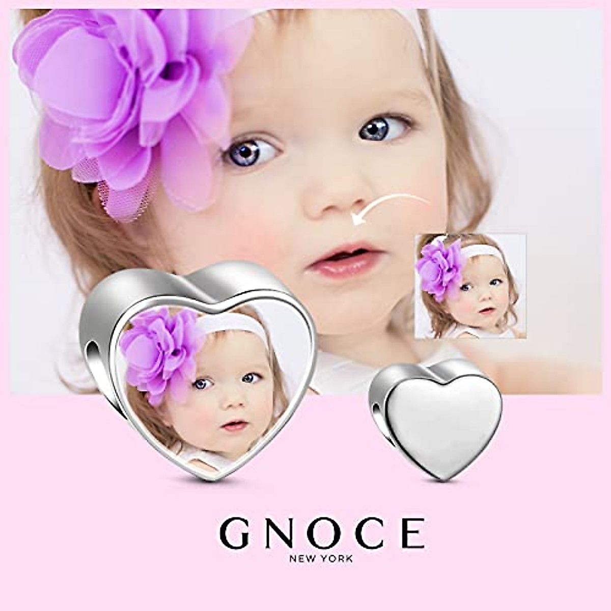 GNOCE Custom Photo Charms for Bracelet 925 Sterling Silver Heart Shaped Personalized Charms Family Memorial for Women