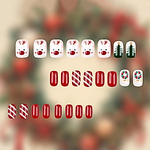 Christmas Press on Nails Short Square Fake Nails with Rhinestone Wreath Designs Acrylic Nails Cute Red White Elk Deer Winter Green Xmas Tree Glue on Nails for Women Girls 24 Pcs