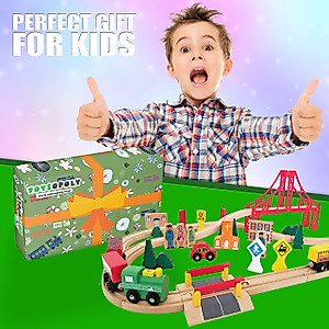 Wooden Train Tracks Full Set, Deluxe 55 Pcs with 3 Destination Fits Thomas, Brio, IKEA, Chuggington, Imaginarium, Melissa and Doug - Best Gifts for Kids Toddler Boys and Girls