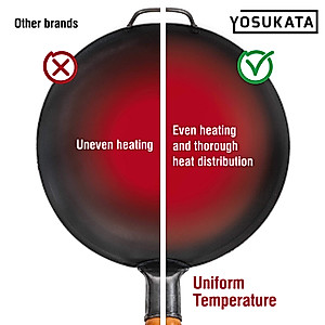 YOSUKATA Carbon Steel Wok Pan - 14 “ Woks and Stir Fry Pans With Wok Lid 13.6 Inch - Premium Stainless Wok Cover with Tempered Glass Insert Steam Holes +17’’ Wok Spatula and Ladle