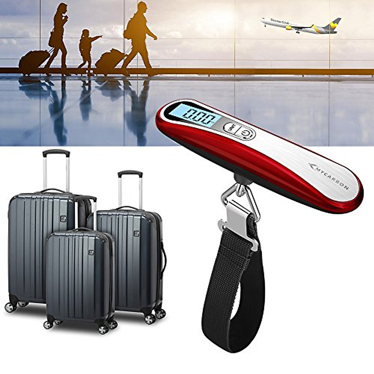 MYCARBON Luggage Scale Digital Hanging Baggage Scale, Portable Travel Weight Scale, Suitcase Weighing Scale with Backlit LCD Display, 110 Lb Capacity, Battery Included Red