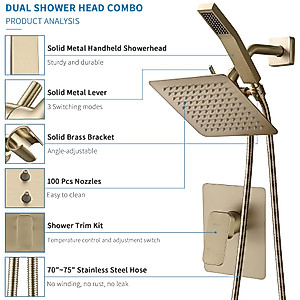 All Metal Shower Faucet Set, Dual Square Shower Head System with Handheld Wand & Rainfall Showerhead, Diverter, Hose Complete Combo, Pressure Balance Rough-in Valve Included