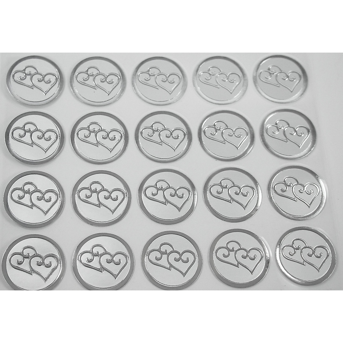 Dreampartycreation 100 Double Hearts Print Wedding Round Envelope Seal Stickers 1 inch Diameter (Silver)
