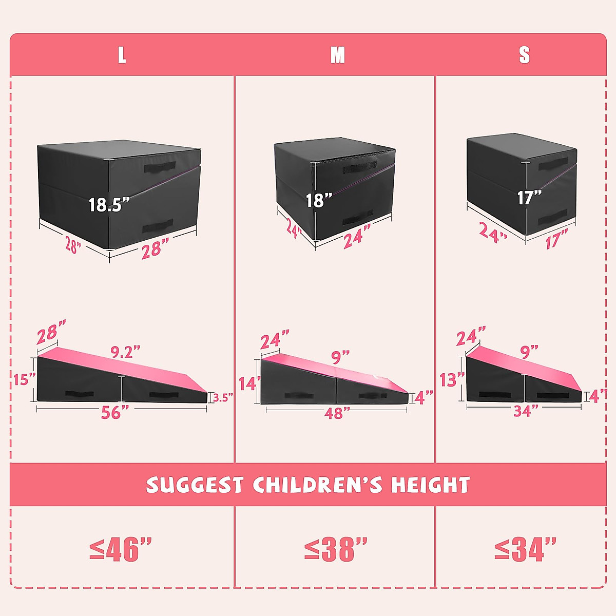 Kangaroo Hoppers Incline Gymnastics Mat, 48”x24”x14” / 56"x28"x15" / 34”x24”x13” Folding Wedge for Kids Tumbling, Skill Training, Multiple Colors Cheese Mat for Gymnastics, Home Gym Exercise