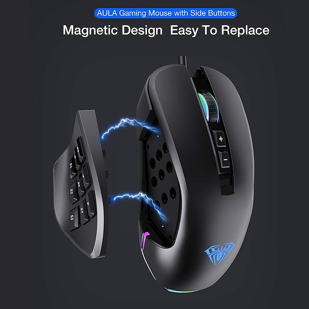 AULA H510 MMO Gaming Mouse, with Backlit RGB LED, 14 Buttons Programmable, 10,000 DPI, Ergonomic Optical Sensor USB Wired Computer Mice for FPS/MOBA Games, Black