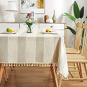 AmHoo Stitching Tassel Tablecloth Striped Table Cloth Rectangle Cotton Linen Dust-Proof Table Cover for Kitchen Dinning 54 x 70 Inch Beige