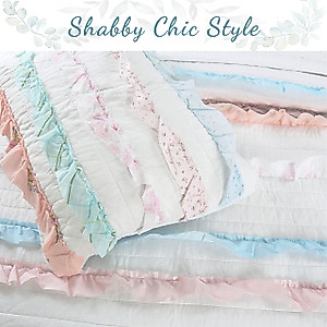 Cozy Line Home Fashions Light Pink Blue Coral White Ruffle 100% Cotton Reversible Girl Quilt Bedding Set, Reversible Coverlet Bedspread (Shabby Chic, Twin - 2 Piece)