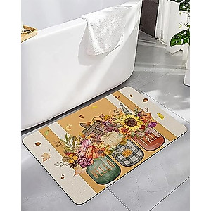 Bathroom Floor Shower Mat, Non-Slip Small Rugs - Easy to Clean, Fall Thanksgiving Sunflower Pumpkin Flower Durable Bath Rug 16"x24" Washable Quick Dry Diatomaceous Earth Mats for Bathtubs