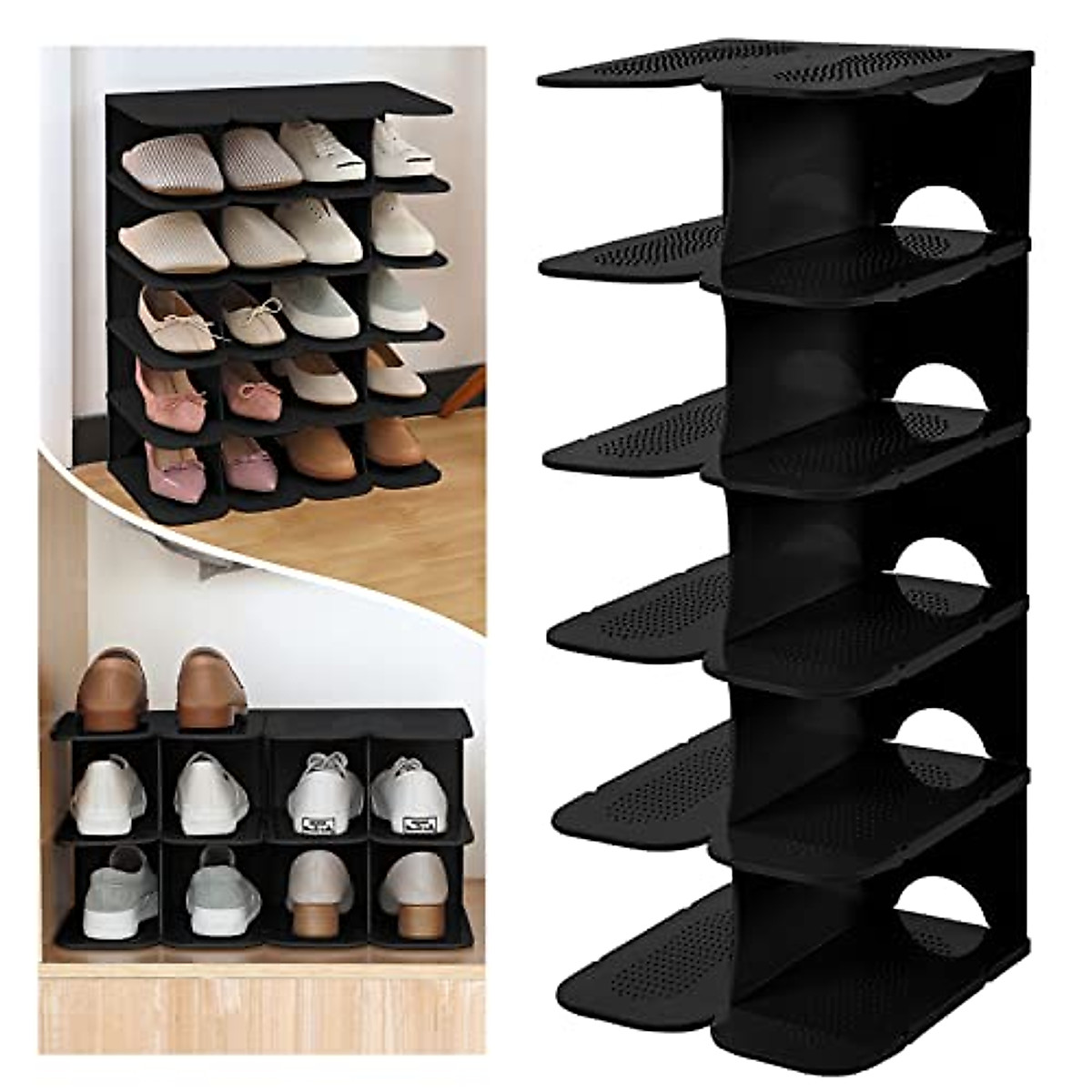 ACPOP 6-Tier Free-Standing Shoe Rack, Adjustable Shoe Shelf, Space Saving Shoes Storage Organizer Stand for Entryway, Hallway, Closet, Black