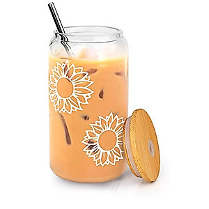 Sunflower Gifts for Women - Sunflower Cup with Bamboo Lids and Straw, Cute Sunflower Cups, Beer Can Shaped Drinking Glass Cup, Inspirational Sunshine Birthday Christmas Gifts for Mom - 16 oz Can Glass