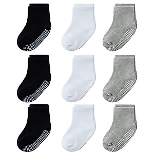 Tenpluszero Baby Crew Socks with Anti Slip Grips for Infants Toddlers Little Kids Boys Girls (9 Pairs - Black,White,Gray, 6-12 Months)
