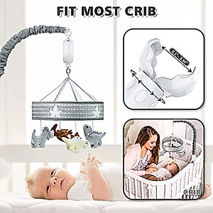 FEISIKE Crib Mobile for Boys,3 Modes Musical Crib Toy,12 Lullabies,Volume Control(Level 0-100),Gray,Claw Type Fit Crib and Bassinet,Dinosaur Jurassic Theme Toys
