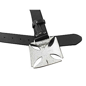 Mens Iron Huge Cross Buckle Biker Trucker Genuine Cowhide Leather Belt Black