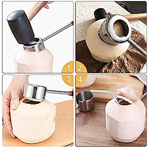 YiePhiot Coconut Opener Tools with Hammer, Super Safe & Easy to Open Young Coconuts Tool, Food Grade Stainless Steel Coconut Opener Set, Rubber Mallet with Handle