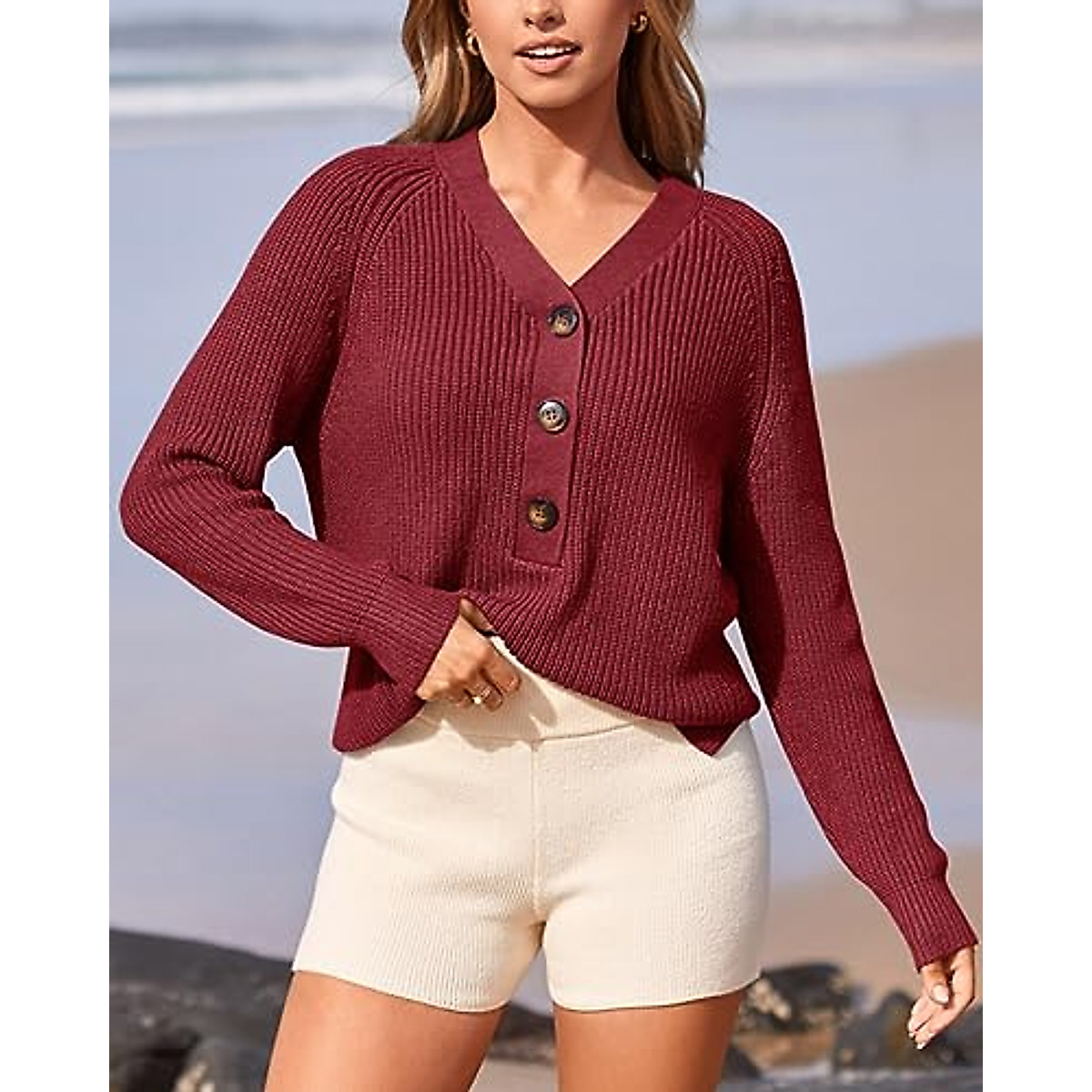 BTFBM Women Long Sleeve V Neck Button Down Sweater Solid Color Ribbed Knit Sweater Casual Relaxed Fit Pullover Jumper (Solid Jujube Red, Large)
