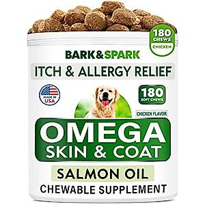 BARK&SPARK Omega 3 for Dogs - 180 Fish Oil Treats for Dog Shedding, Skin Allergy, Itch Relief, Hot Spots Treatment - Joint Health - Skin and Coat Supplement - EPA & DHA Fatty Acids - Salmon Oil