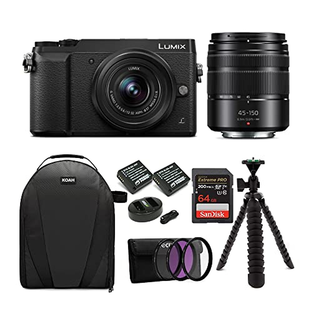 Panasonic LUMIX GX85 Mirrorless Camera with 12-32mm and 45-150mm Lens (Black) Bundle with Backpack, 64GB SD Card, 1025mAh Battery and Accessories (8 Items)