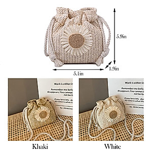 Summer Straw Coin Purses for Women Girls Cute Floral Drawstring Crossbody Bag for Beach Vacation(White)