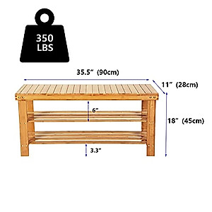 Lestar Spa Sauna Shower Patio Bench Stool with Strip Pattern 3 Tiers Storage Shelves Stand Organizer, Natural Bamboo Wood Bathing Benches Shoe Rack, Size 35.5"(W) x 11"(D) x 18"(H)