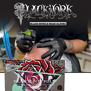 Blackwork Black Nitrile Exam Gloves - Extra Small, Pack of 100 - Latex- & Powder- Free, Disposable, Comfrtable & Durable for Extended Wear - Tattoo, PMU, Medical, & Dental Gloves