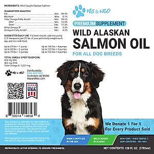 Max and Neo 100% Pure Wild Caught Alaskan Salmon Oil for Dogs and Cats - We Donate One for One to Dog Rescues for Every Bottle Sold (64 OZ)