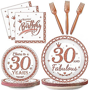 30th Birthday Plates and Napkins Rose Gold Party Supplies 30 and Fabulous Happy Birthday Tableware Set Cheers to 30 Years Party Decorations Table Decors for Women Girl 24 Guests