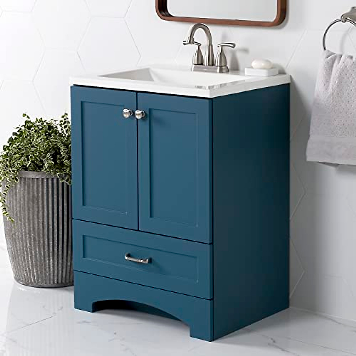 Spring Mill Cabinets Emlyn 24 Inch Bathroom Vanity with White Single Sink Top, 2-Door Cabinet, 1 Drawer, 24.5" W x 18.75" D x 32.89" H, Admiral Blue