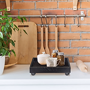 OLLVIA Farmhouse Wood Tray Risers, Distressed Black, Round, 24-Inch