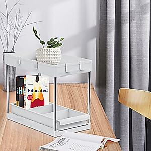 ECO-WILL 2 Pack Under Sink Organizers and Storage, Sliding Basket Organizer 2 Tier Bathroom Organizers with Hooks, Hollow-Carved, Divider, Multi-Purpose Cabinet Organizer for Kitchen, Bathroom, White