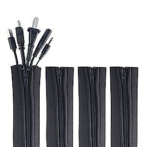 Zipper Cable Sleeve by Wrap-It Storage - 24" x 4" (4-Pack) Black - Cord Organizer and Cable Protector for Desk, Computer, TV Cord Management to Hide and Cover Wire and Extension Cables