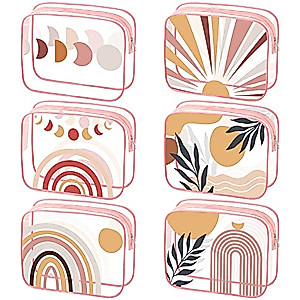 Cunno 6 Pcs Boho Makeup Bags for Women, Retro Rainbow Brown Sunshine Clear Plastic Cosmetic Bags with Zipper Transparent PVC Waterproof Travel Toiletry Handbags Purses Organizer for Girl (Boho Style)