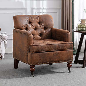 Nrizc Tufted Club Chair, Living Room Accent Chairs, Mid Century Modern Arm Chairs with Studded, Solid Wood Frame, for Living Room, Bedroom, Reading, or Office, Brown