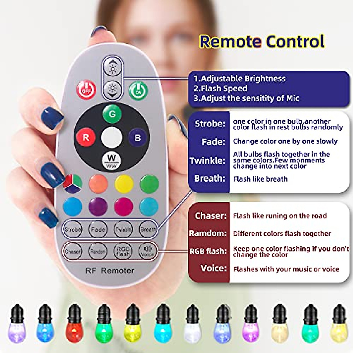 GANA Outdoor String Lights, Patio Lights 48FT Music Flash RGBW Colourful, Safe 12V Low Voltage LED Shatterproof Bulbs Connectable, Heavy Duty Wire IP65 Waterproof Level for Courtyards Cafe Bistro