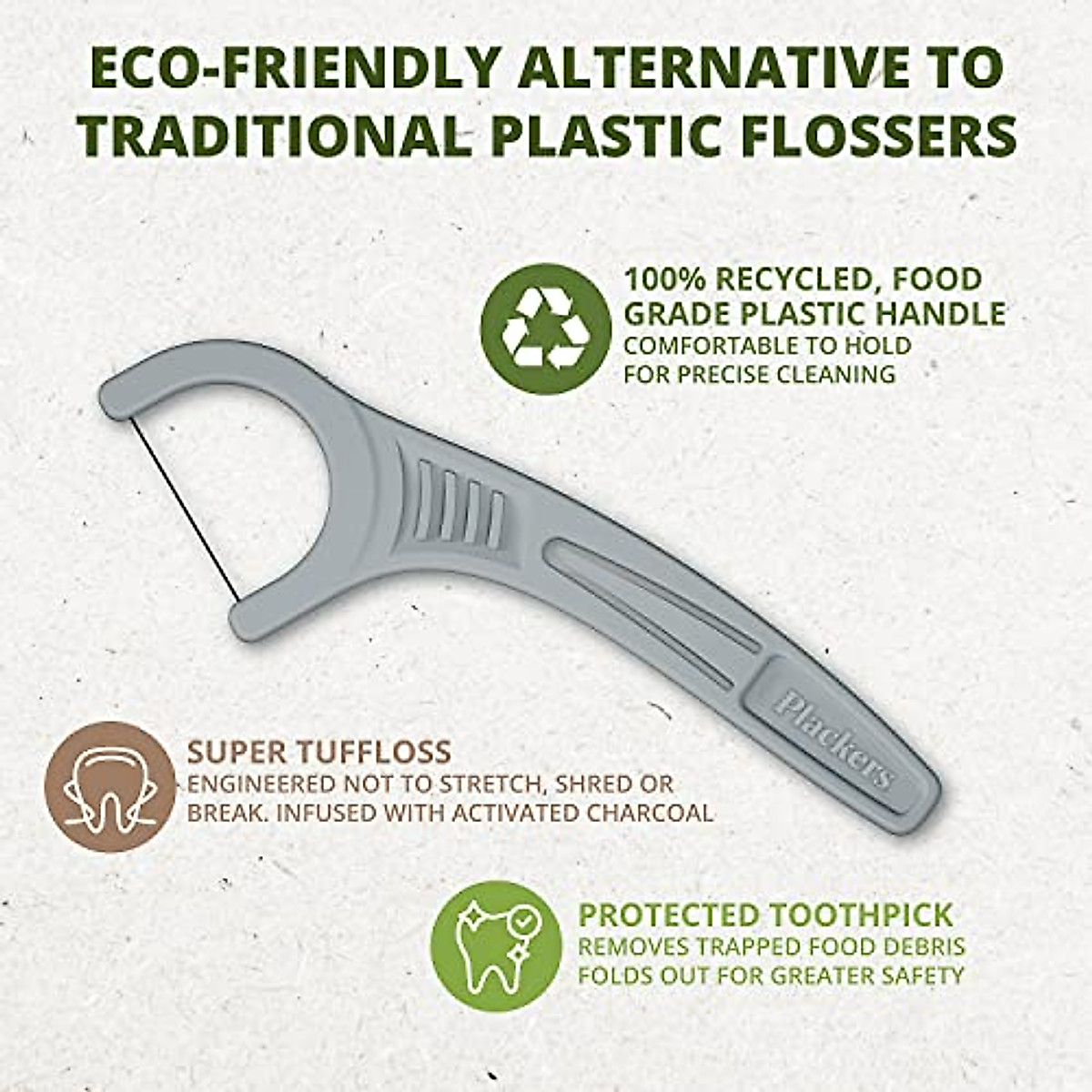 Plackers Ecochoice Activated Charcoal Recycled Dental Flossers, 90 Count (Pack of 1)