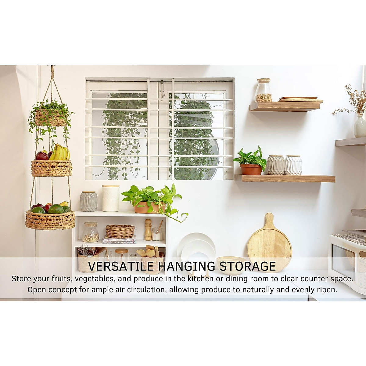 Hanging Fruit Basket 3 Tier for Kitchen, Handmade Natural Rattan Handwoven Wicker Seagrass Woven Wall Baskets Vegetable Organizer Produce Fruit Holder Counter Space Saver Storage Boho Hanging Planter