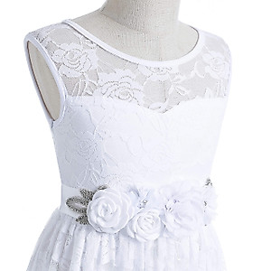 Weileenice Boho Flower Girls Dress Ribbon Belts Wedding Bridesmaid Ball Gown Big Girl Dedication Baptism Communion Lace Formal Long Dresses White 8-9 Kids Birthday Party Gowns Accessory Sash Holiday