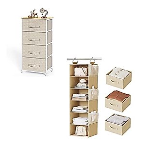 Pipishell Hanging Closet Organizer 6-Shelf, Hanging Shelves for Closet with 3 Removable Drawers & Side Pockets, Hanging Shelf Organizer for Bedroom or Garment Rack, 12'' x 12'' x 43.3'', Beige