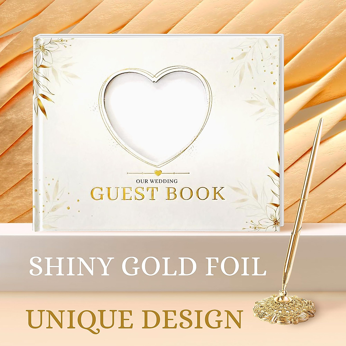 Wedding Guest Book and Elegant Guest Book Wedding Reception with Hardcover 8"x10", Guest Book for Wedding with Golden Pen with its Gold Metal Base, 100 Blank Pages for Wedding Guest Book Sign Include