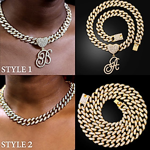PTJDSMF Gold Initial Cuban Link Chain for Women Miami Iced Out Chain for women Bling Diamond Chain Necklace Hip Hop Jewelry (M)