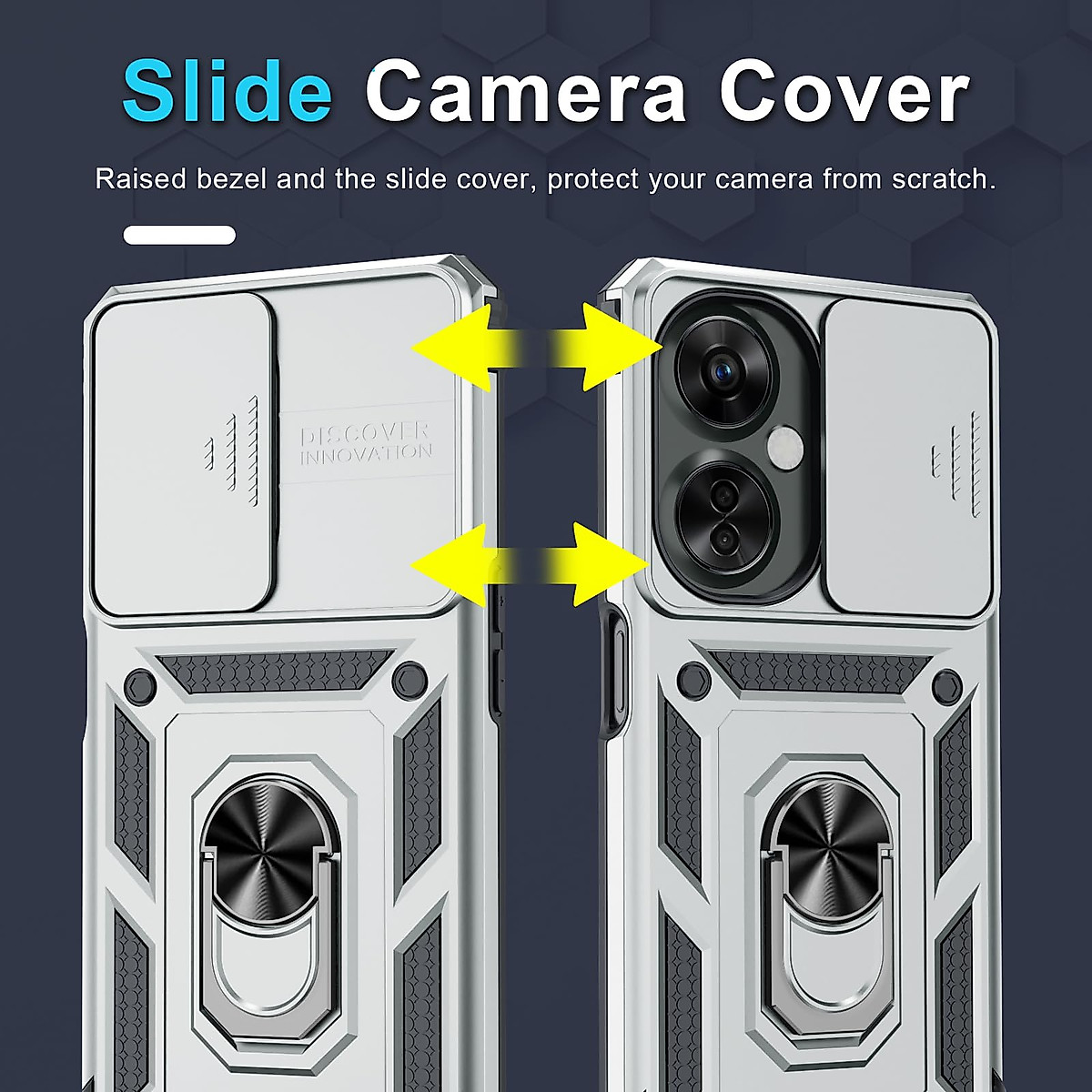 Janmitta Compatible with OnePlus Nord N30 5G Case Built in Slide Camera Lens Cover+Screen Protector+Finger Ring Holder Kickstand,Heavy Duty Shockproof Full Body Protective Phone Cover,2023 Silver