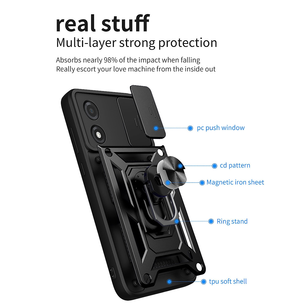 Kukoufey Compatible with Tecno Pova 5 Bracket Shell,with Slide Camera Lens Cover Compatible with Tecno Pova 5 Free Fire LH7n Case Black