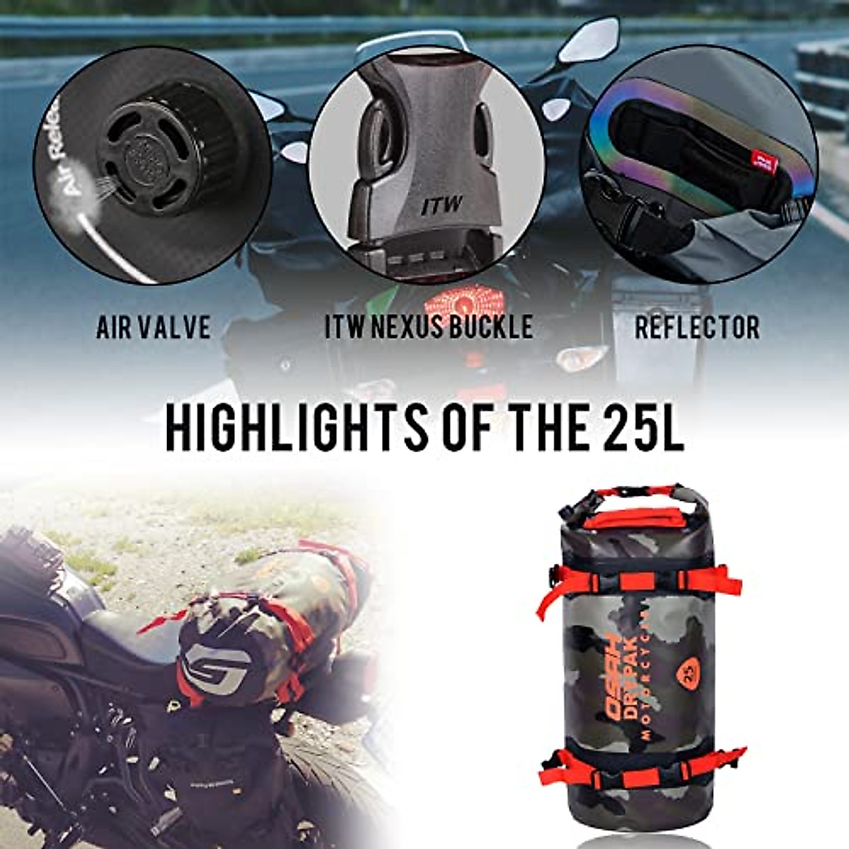 BORLENI Motorcycle Dry Bag Waterproof Motorcycle Luggage Bag Motorcycle Duffel Bag for Skiing Travel Hiking Camping Boating Riding Fishing (Camouflage,40L)