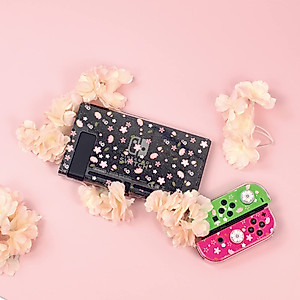 FANPL Glitter Clear Case for Nintendo Switch, Hard Shell Cute Protective Case Cover for Switch and Joy Con Controller with 2 Glitter Cherry Blossoms Thumb Grips - Embossed Feel (Pink Sakura Snow)