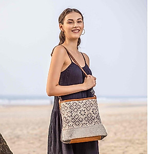 Myra Bag Tessellated Shoulder Bag Upcycled Cotton & Cowhide Leather S-2861
