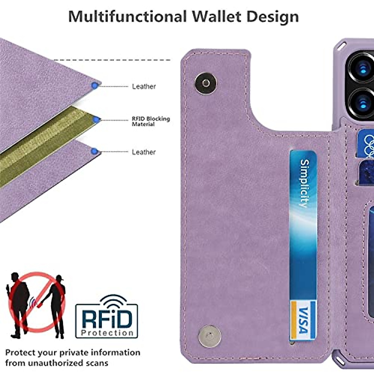 iCoverCase for iPhone 12 Pro Max Wallet Case with Card Slots Holder and Wrist Strap [RFID Blocking] Embossed Leather Kickstand Magnetic Clasp Shockproof Cover 6.7 Inch (Heart Purple)