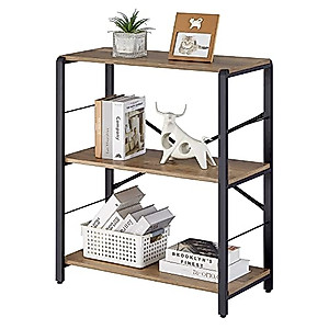 FOLUBAN Industrial Bookshelf, 3 Tier Open Book Shelf, Rustic Wood and Metal Shelving Unit for Living Room, Oak